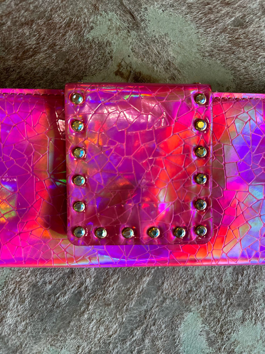 Hologram Large Wallet w/ Crystal Rivets Hot Pink Hologram Snake – The ...